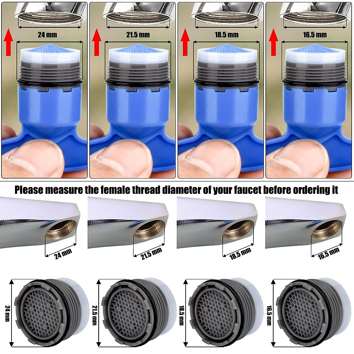 12 Pieces Faucet Cache Aerators with Faucet Aerator Removal Tool Water Saving Flow Restrictor Set Replacement Part for Bathroom or Kitchen,4 Size(M16.5 18.5 21.5 24 mm)