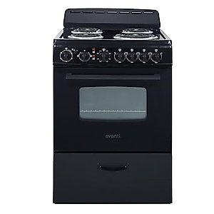 Avanti ERU240P1B Electric Range Oven Compact Design, 2.6-Cu.Ft. Capacity with 4 Coil Burners, Framed Glass Door, Storage Drawer and Broiler with Pan Perfect for Apartment RV Tiny Home, 24-Inch, Black