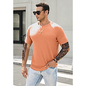 JMIERR Mens Muscle Slim Fit Button Henley Shirts Summer Crewneck Short Sleeve Longline Fitted T-Shirt Gym Workout Athletic Tees Shirt for Men, L, Orange