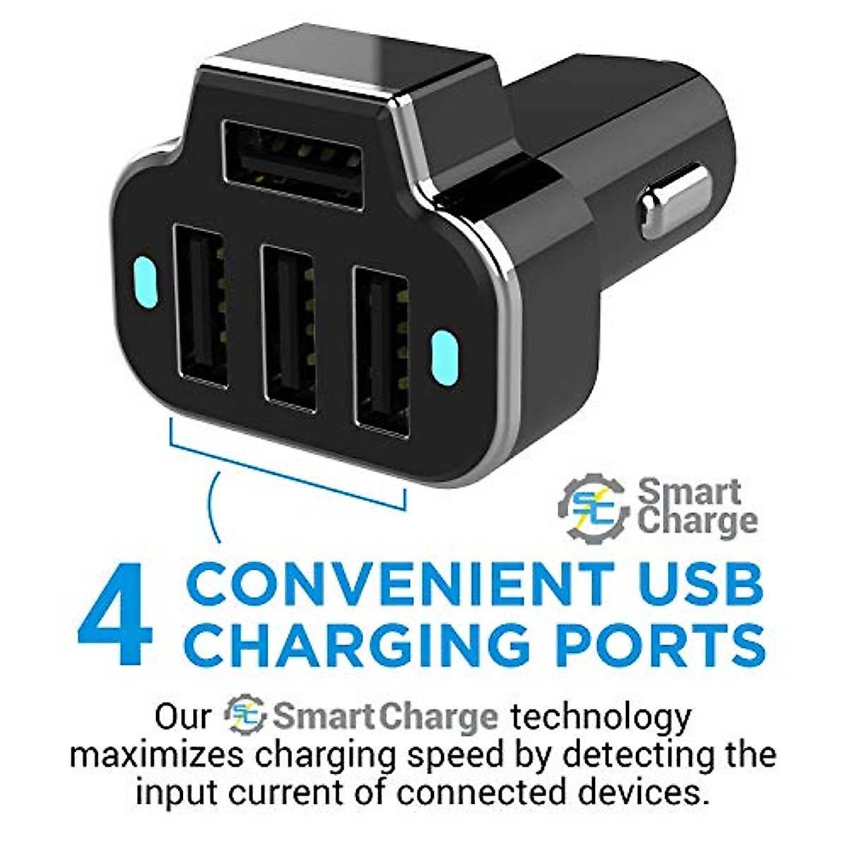 Aduro 4 Port Car Charger USB Adapter, 12V Fast Car Charger USB Adapter Power Station 5.2A/26W Output (Black)