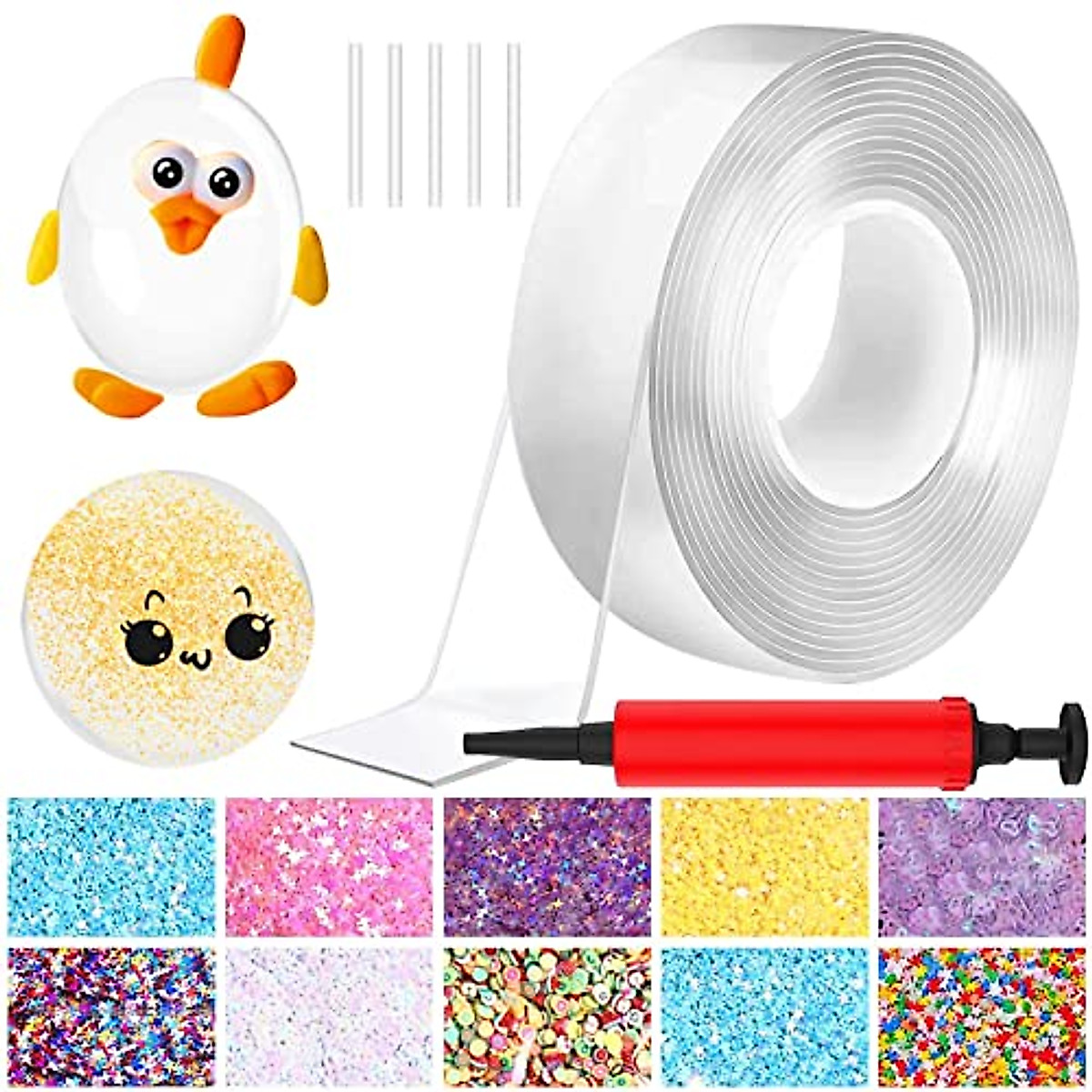 BABORUI Nano Bubbles Tape Kit, Nano Bubble Tape Toy Kit with Glitter and Inflator, Double Sided Super Elastic Bubble for Kids Girls Adult Party Favors Gifts Fidget Toy Craft