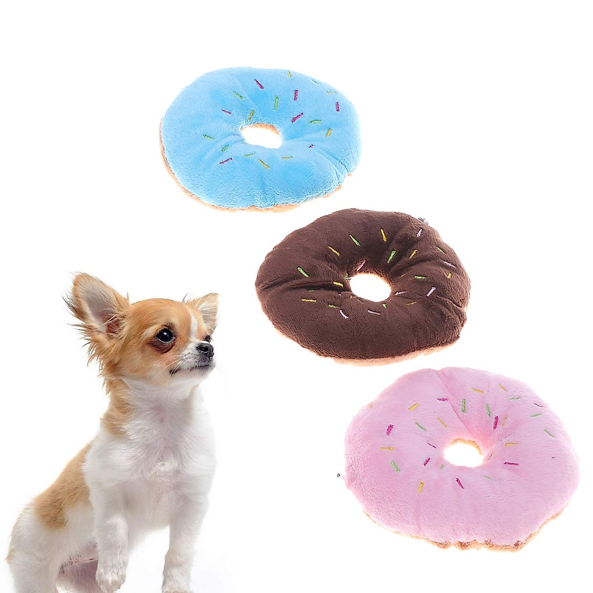 Toyvian 6pcs Dog Chew Toy Soft Plush Donut Shaped Squeaky Squeaking Sound Toy Plush Pet Puppy Toys Soft Pets Bite Chewing Puppy Dog Toy (Coffee + Strawberry + Blue Each 2pcs)