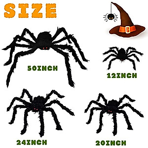 Halloween Giant Spider,Pack of 5 Fake Large Hairy Spiders,Realistic Black Spider for Halloween,Yard,Garden,Lawn,Outdoor & Indoor Decor(12'',12'',20'',24'',50'')