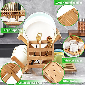 NOVAYEAH Bamboo Dish Drying Rack with Utensil Holder, Collapsible Wooden Dish Drainer Rack, 3-Tier Large Folding Drying Holder for Kitchen Counter