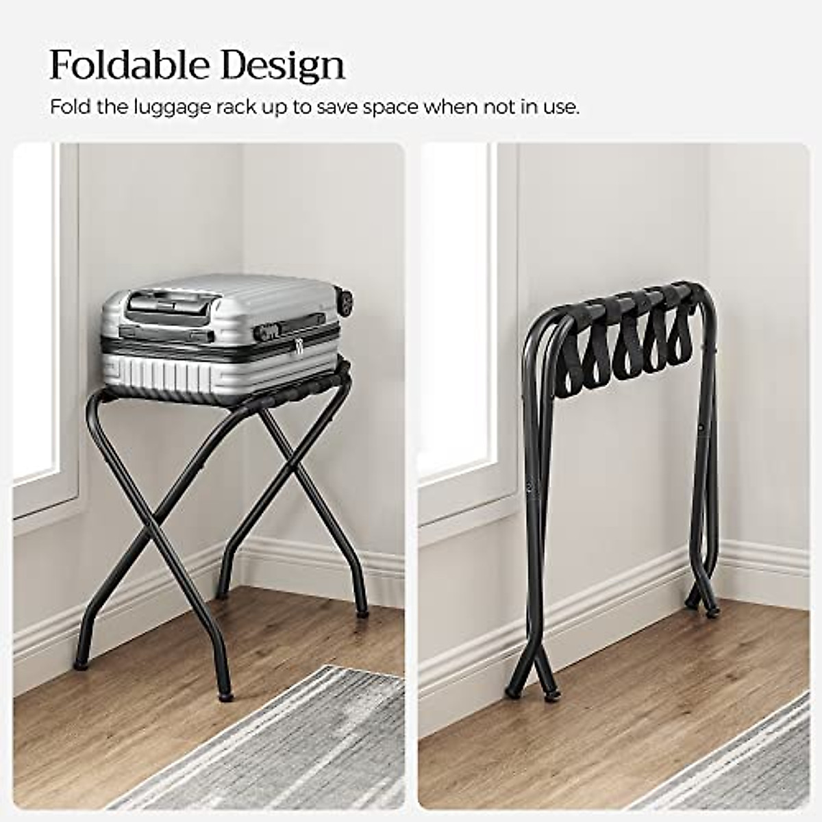 SONGMICS Luggage Rack, Suitcase Stand, Steel Frame, Foldable for Guest Room, Hotel, Bedroom, Black URLR001B01