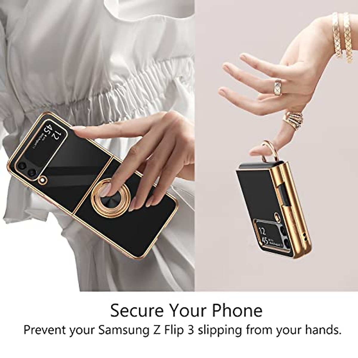 BENTOBEN Galaxy Z Flip 3 Case 5G with 360° Ring Holder, Shockproof Slim Kickstand Magnetic Support Car Mount Women Men Non-Slip Protective Phone Case for Samsung Galaxy Z Flip 3, Black/Gold