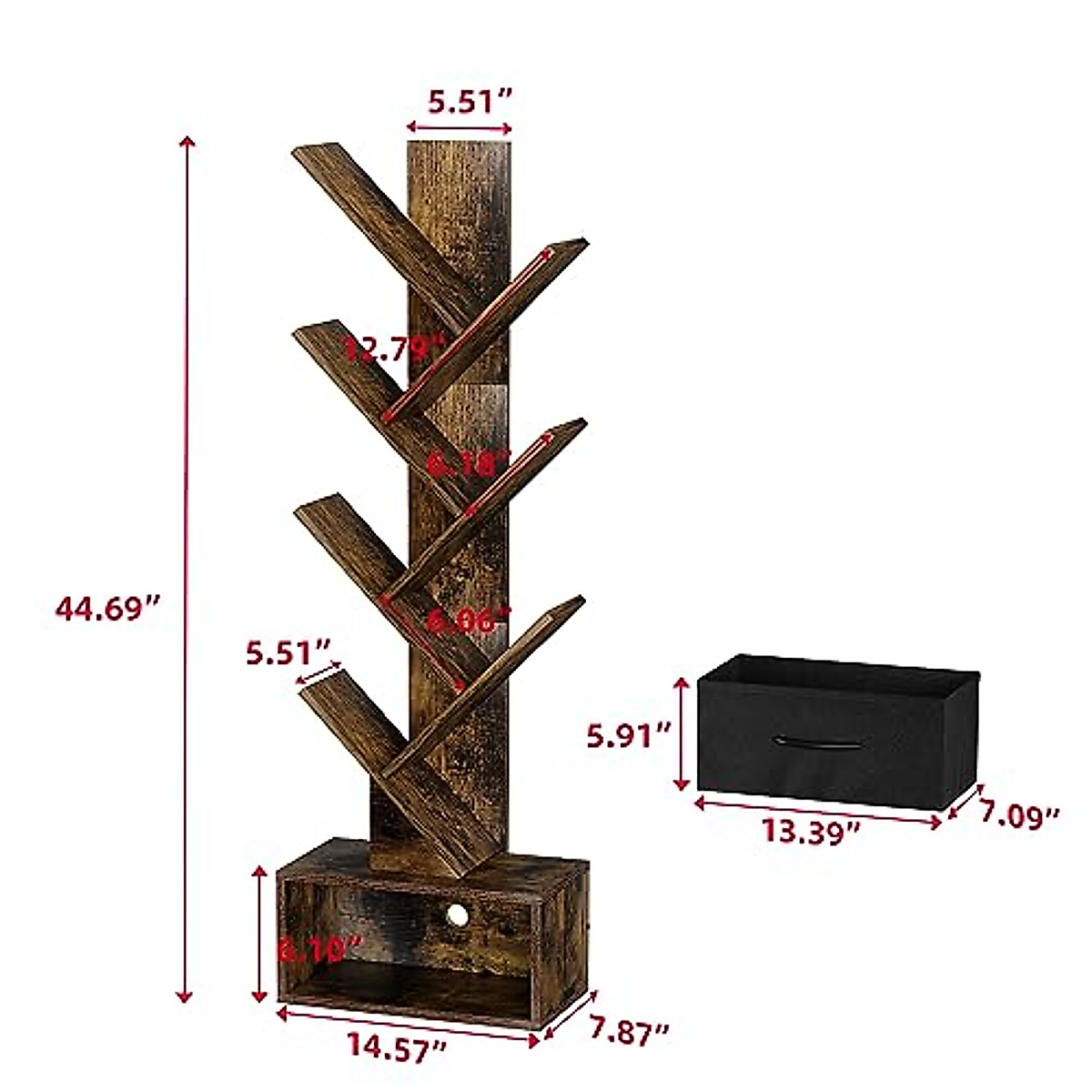Egepon 6-Tier Tree Bookshelf with Drawer Rustic Brown Book Shelf Storage Rack Floor Standing Bookcase for CDs Movies Books Multifunctional Organizer Shelves for Home Office Living Room Bedroom
