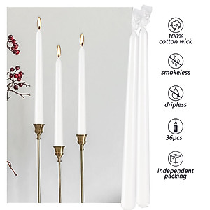 36 Pack 10 inch White Taper Candles, 7-7.5 Hour Burn Time,Unscented Dripless and Smokeless, Elegant Premium Quality Dinner Candle for Home Décor, Restaurant, Wedding, Party Candlesticks