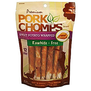 Pork Chomps Baked Pork Skin Dog Chews, 5-inch Mini Twists, Real Sweet Potato Wrap, 12 Count