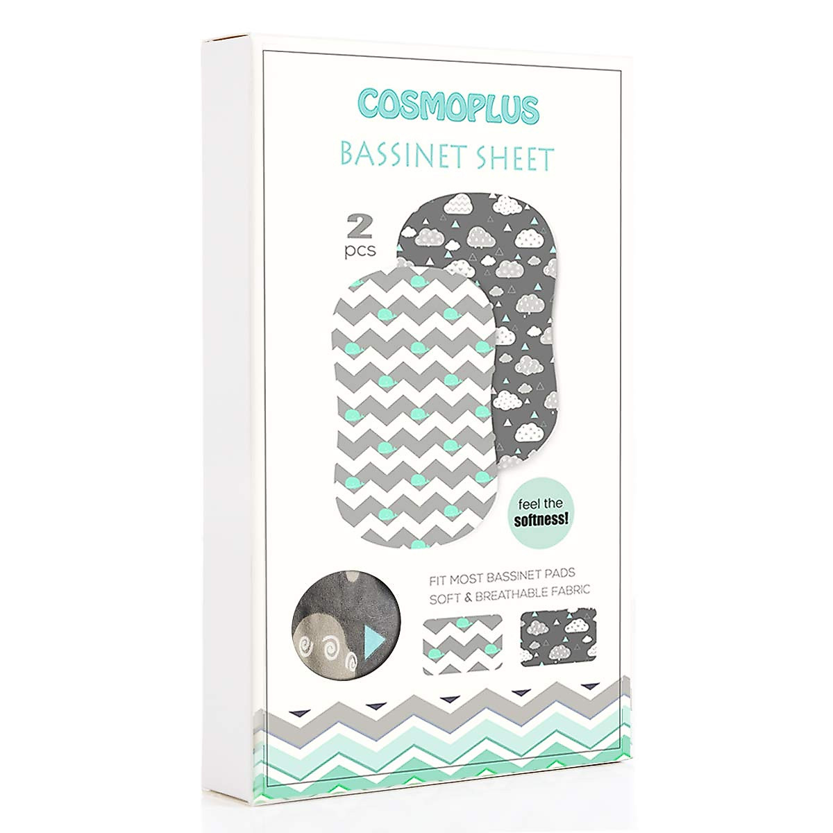 COSMOPLUS Bassinet Sheet Set 2 Pack Stretch Fitted Cradle Fitted Sheets for Bassinet Pads/Mattress, for Boys Girls,Unisex,Ultra Soft,Whale/Cloud