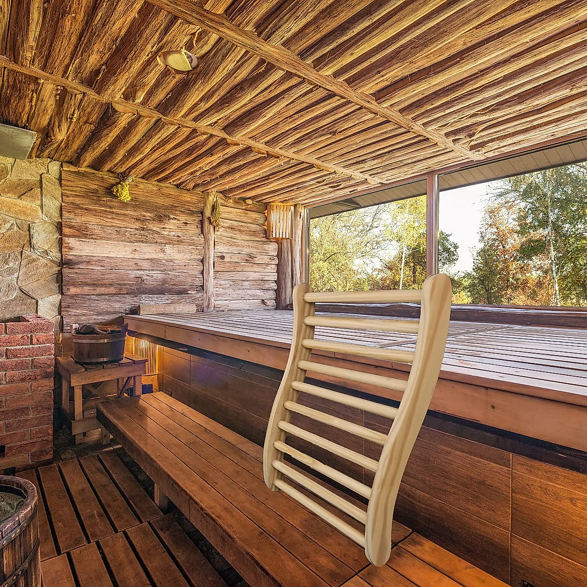 HJJKKH S-Shape Sauna Backrest,Natural Pine Wood Sauna Chair for Home Hotel Sauna Room,No Stains Sauna Backrest,Sauna Accessories