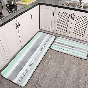 DERTYV 2 Pcs Kitchen Rug Set, Mint Green Gray Watercolour Stripes Non-Slip Kitchen Mats and Rugs Soft Flannel Non-Slip Area Runner Rugs Washable Durable Doormat Carpet