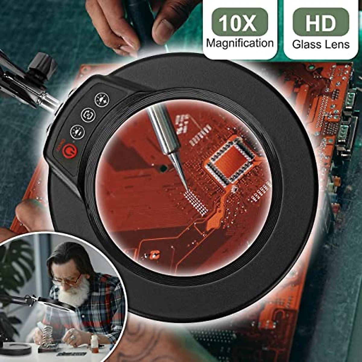 10X Magnifying Glass with Light and Stand, Upgrade Button 5 Color Modes Dimmable Lighting, Krstlv 2-in-1 LED Lighted Magnifier, Hands Free Desk Lamp with Clamp for Soldering Craft Hobby Close Work