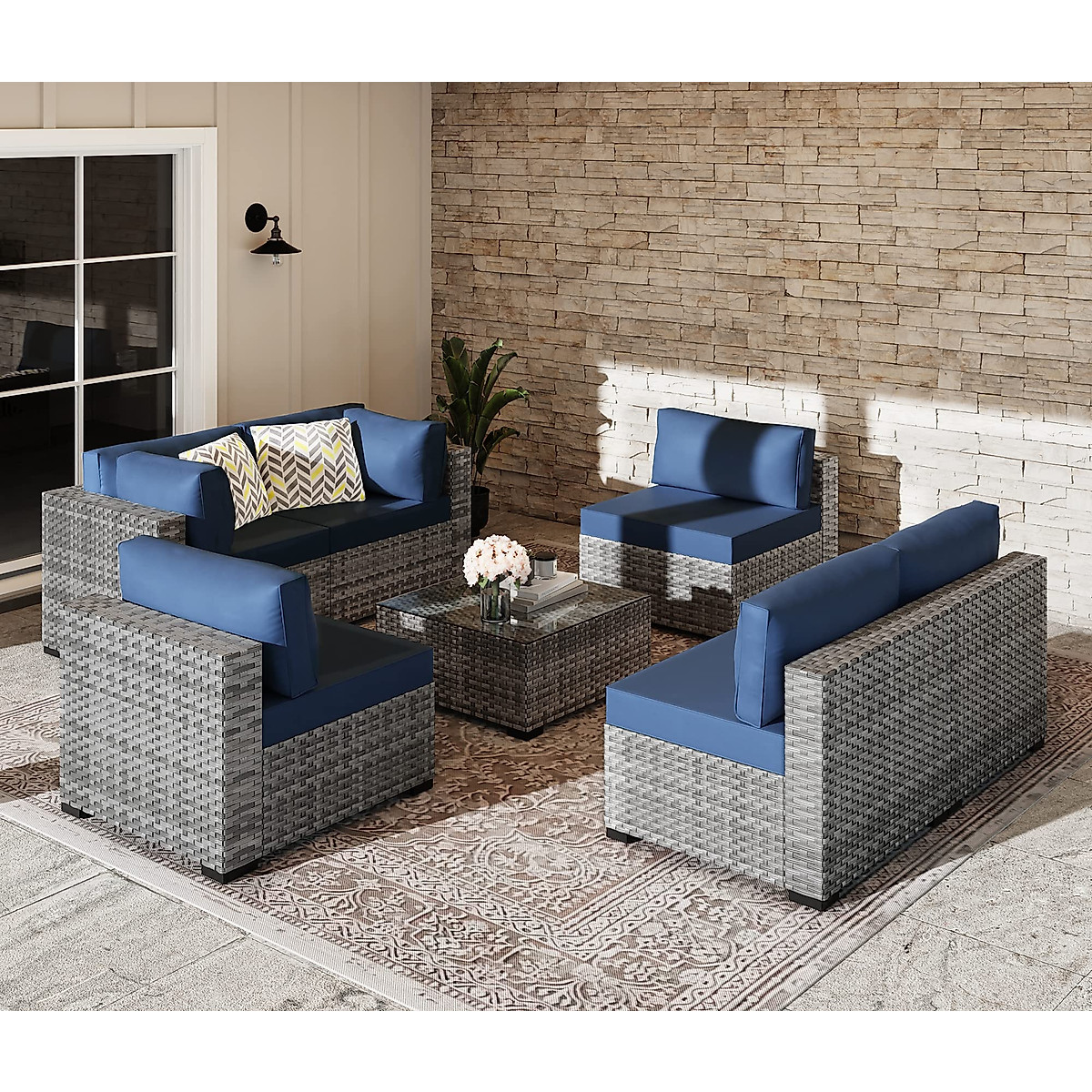 SUNLEI 7pcs Patio Conversation Sets Outdoor Furniture Sets, High Back All-Weather Rattan Sectional Sofa with Tea Table&Washable Couch Cushions(Silver Rattan) (Aegean Blue)
