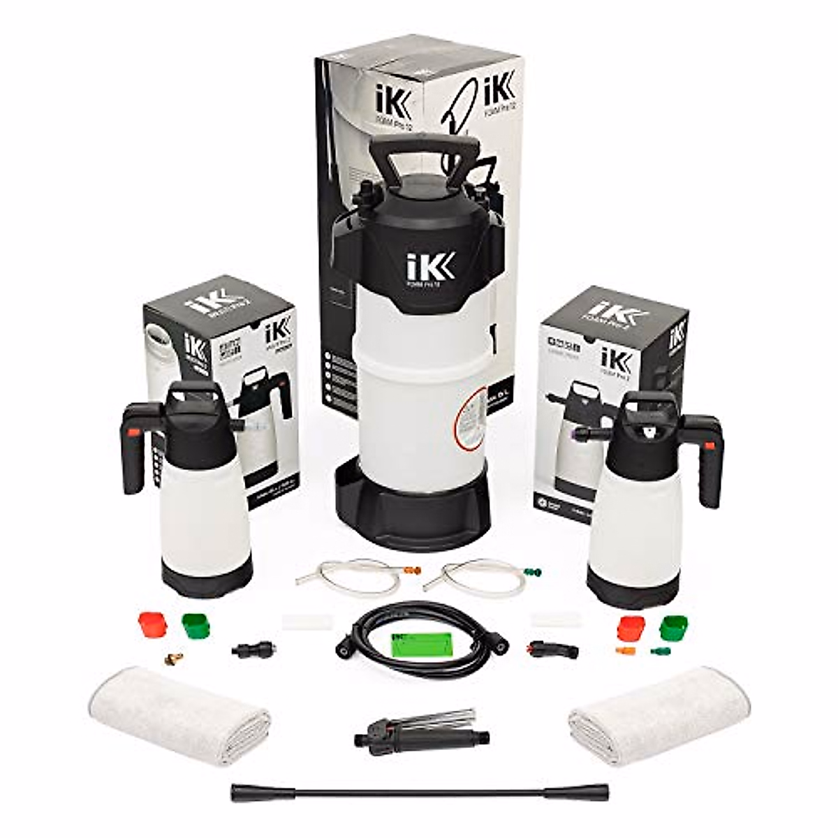 The Rag Company Goizper Group iK Sprayers - Foam Pro 12 / Foam Pro 2 / Multi Pro 2 Pump Sprayer Combo Kit with Premium Microfiber Towels Professional Auto Wash & Detailing, Dry/Wet Foam Spray