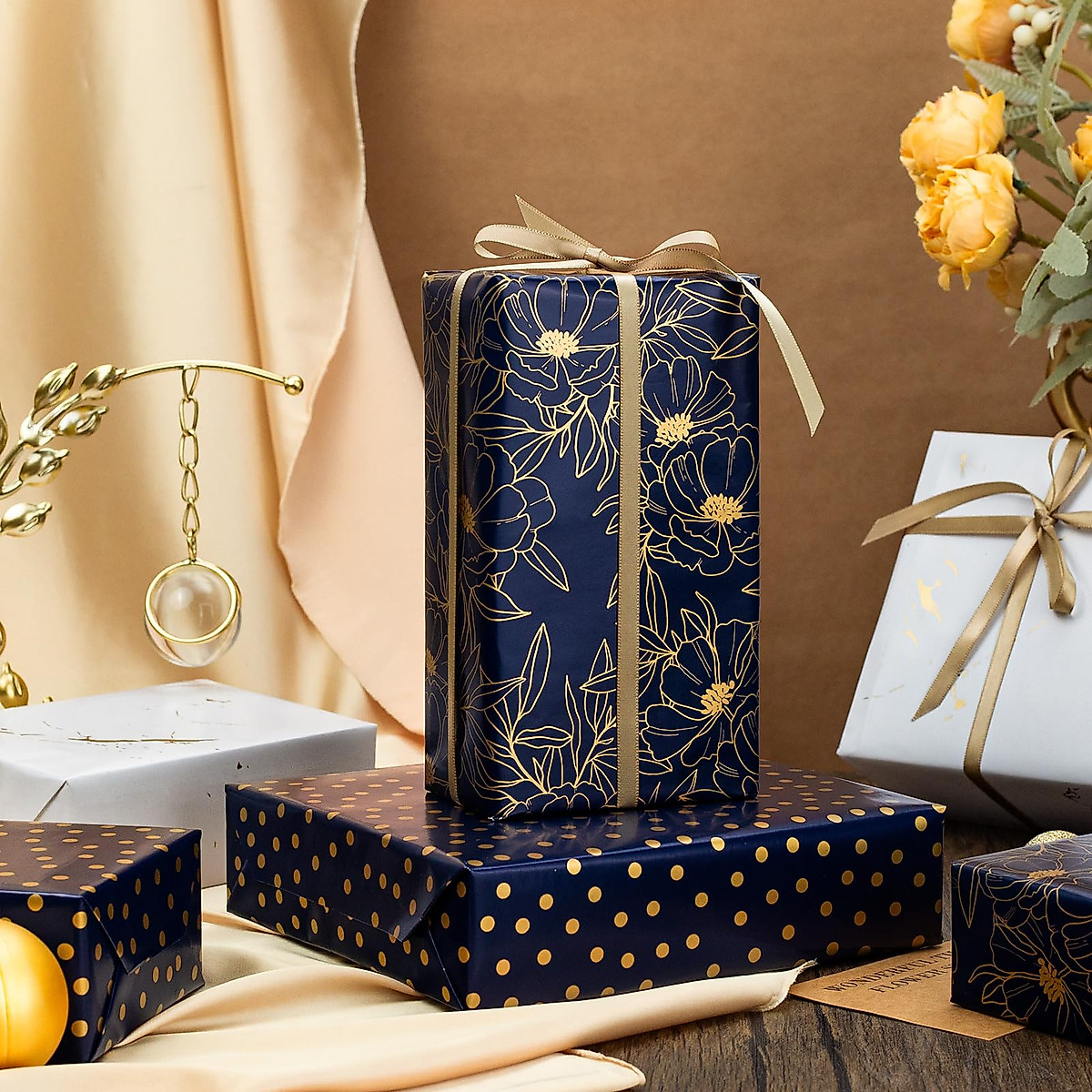 Yarcony Gift Wrapping Paper Roll - 17 Inch X 120 Inch Per Roll Luxury Navy Gold Flower, Polka Dot & White Gold Marble Gift Wrap Paper for Men Birthday, Father's Day, Christmas, Holiday, Graduation