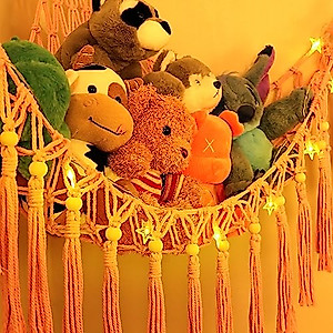 Razella Pink Stuffed Animal Net or Hammock with LED Light Macrame Plushie Net Hammock Plush Animal Storage Hammock for Wall Bedroom Living Boho Kids Room Decor