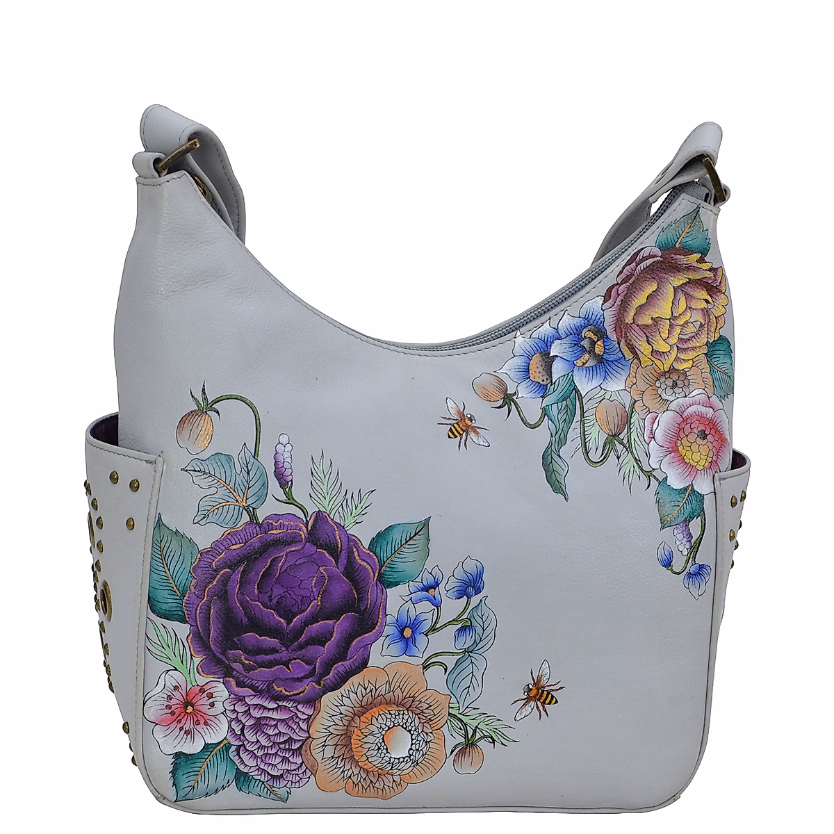 Anuschka Hand Painted Women’s Genuine Leather Classic Hobo With Studded Side Pockets - Floral Charm