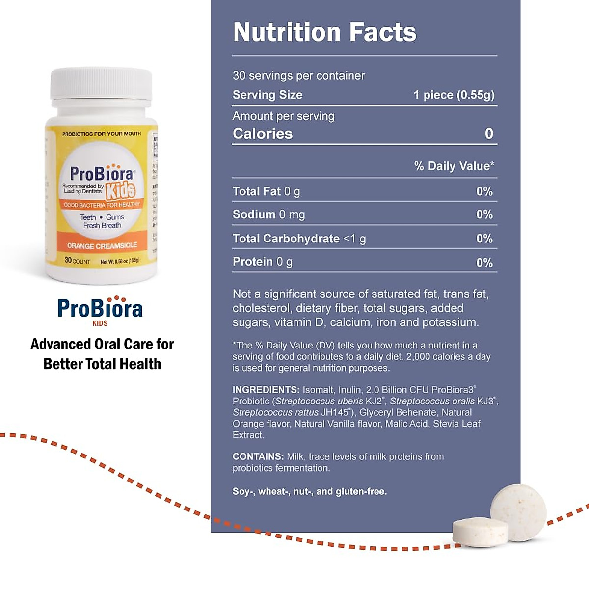 ProBiora Kids Oral-Care Chewable Probiotic Tablets | Probiotic Supplement Designed Specifically for Kids | Healthier Teeth & Gums | Fresher Breath | Whiter Teeth (30 Count, Orange)