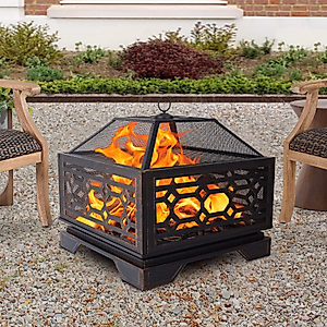Hykolity 26 Inch Outdoor Fire Pit Square Extra Deep Wood Burning Firepits Large Bonfire with Cooking Grate & Poker for Outside, Patio, Backyard