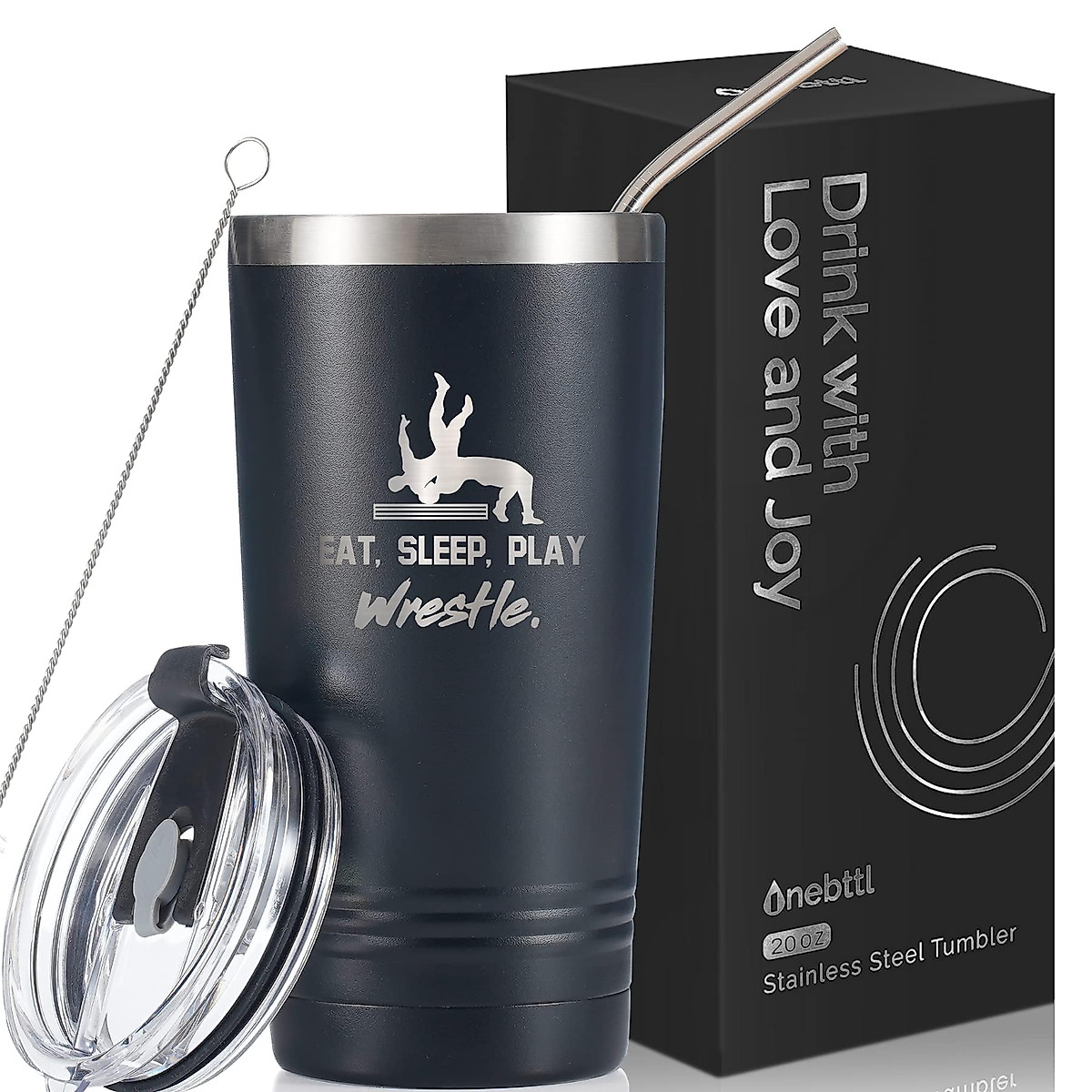 Onebttl Wrestling Gifts, Eat Sleep Play Wrestle, Wrestler Gifts for Men, Teen Boys, Appreciation Gift for Coaches, Juegos de Lucha libre, 20oz Stainless Steel Tumbler, Black