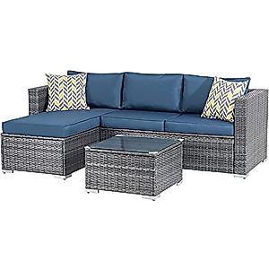 JAMFLY Outdoor Patio Furniture Sets, All-Weather Rattan Outdoor Sectional Sofa with Tea Table and Cushions Upgrade Wicker Patio sectional Sets 3-Piece (Aegean Blue)