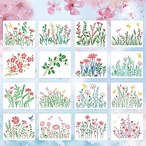 16 Pieces Wildflower Stencils for Painting, Reusable Small Spring Wild Flower Stencils Wall Stencils, DIY Small Drawing Template Stencil for Painting on Wood Wall Canvas Home Decor(5x6Inch)