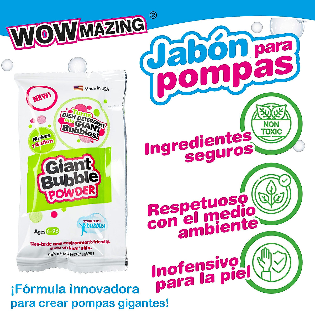 WOWmazing Giant Bubble Powder Kit: Include Large Bubble Wand and 3 Packet of Big Bubble Powder (Makes 3 Gallons) | Outdoor Toy for Kids, Boys, Girls | Powder Made in USA