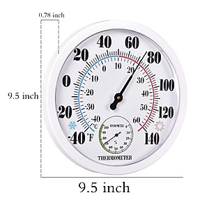 Indoor Outdoor Thermometer Large Waterproof Wall Patio Weather Thermometer No Battery Required Hanging Decor (White)