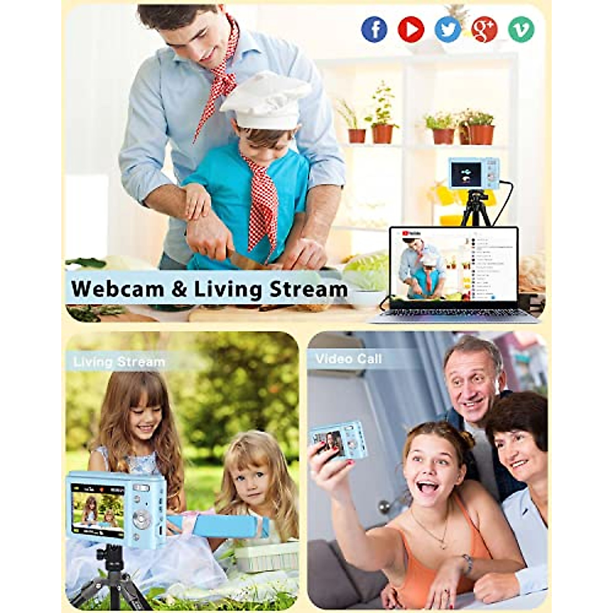 Kids Camera, Lecran Digital Camera Autofocus 1080P 48MP Vlogging Camera with 16X Digital Zoom, LCD Screen, Compact Portable Mini Toy Cameras Gift for Students, Teens, Kids, Girls, Boys (Sky Blue)