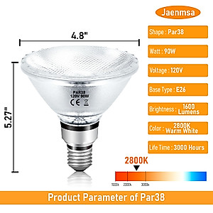 Jaenmsa PAR38 Halogen Flood Light Bulbs 90W 120V, 4Pcs Halogen PAR38 90W Light Bulbs Dimmable with E26 Base, 2800K Warm White, 1600 Lumens for Indoor and Outdoor