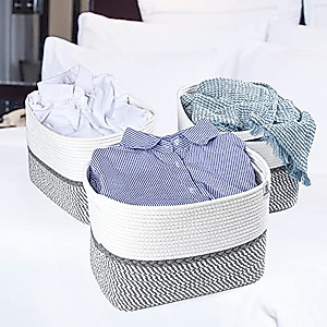 RITHLELA Woven Baskets 15"x10"x9" Cotton Rope Cube Storage Baskets Set of 3 Decorative Baskets Closet Cloth Storage Baskets and Bins for Shelves with Handles for Blanket, Laundry, Clothes - Grey