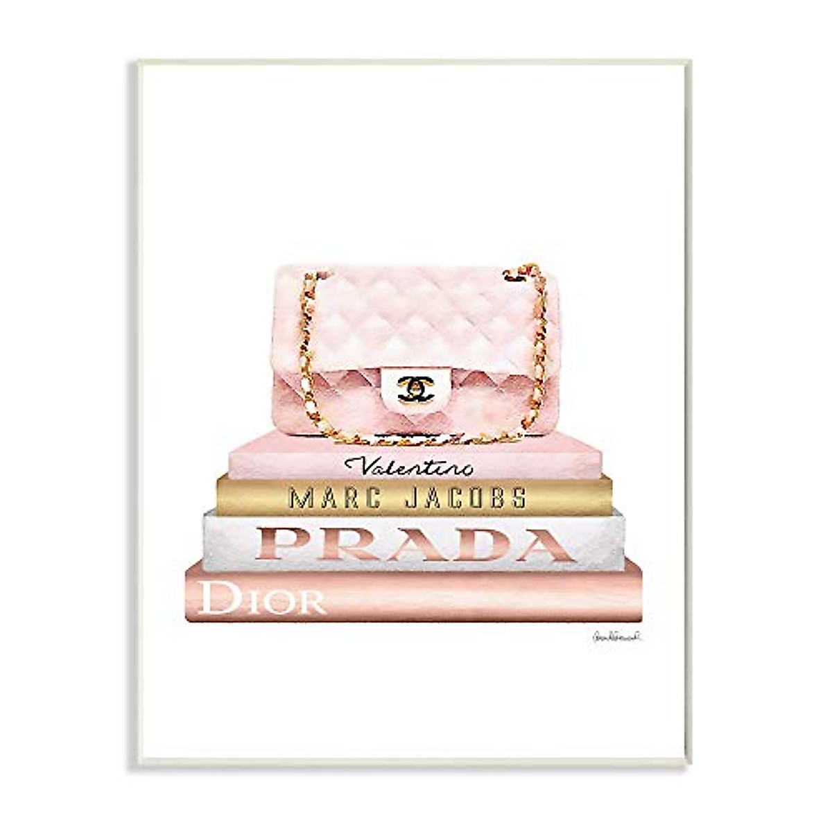 Stupell Industries Fashion Designer Purse Bookstack Pink White Gold Watercolor Wall Plaque Art, 13 x 19, Multi-Color