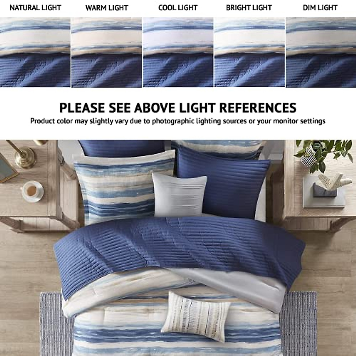 Madison Park Marina Comforter Quilt Combo Set - Modern Luxury Design, All Season Down Alternative Bedding, Matching Shams, Decorative Pillows, King/Cal King(104"x92") Seersucker Blue 8 Piece