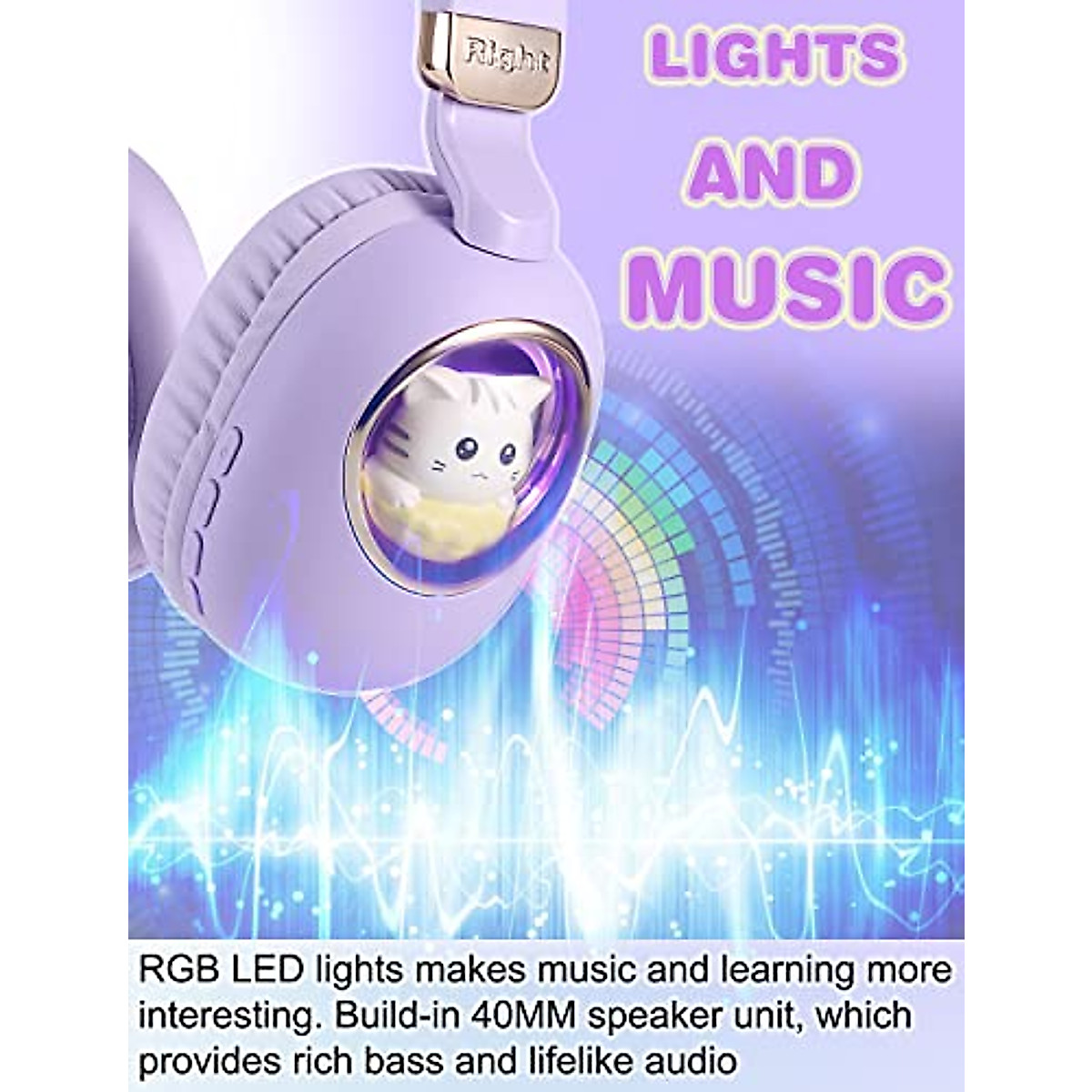 Usoun Kids Wireless Headphones, Bluetooth Over Ear Headphones with Cute Cat Colorful LED Lights,Wireless&Wired,Foldable,Build-in Mic,Bluetooth Headphones for Kids Girls Teens Adults,School (Purple)