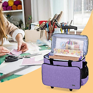 Yarwo Rolling Craft Bag on Wheels, Women Craft Scrapbook Tote Bag with Detachable Trolley and Extra Bottom Board for Teaching Crafts Supplies and Tools, Rolling Teacher Cart for Women, Purple