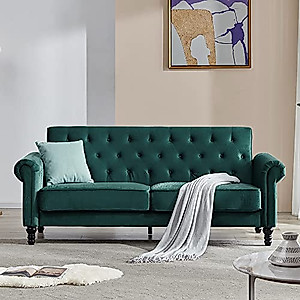 Classic Sofa Couch Mid Century Upholstered Velvet Fabric Tufted Sofa with Scroll Arms for Living Room Bedroom Apartment (Green) (CY001)