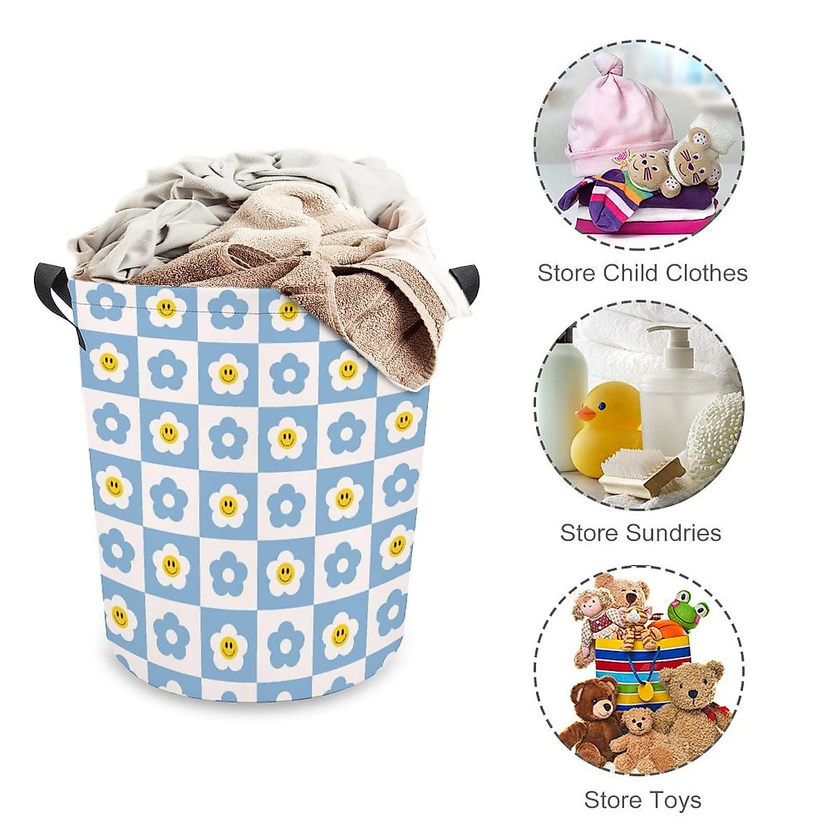 17.3 Inches Laundry Basket, Waterproof Collapsible Storage Basket, Round Dirty Clothes Hamper with Handles for Bedroom Room Toy Storage (Checkered Groovy Smiling Flowers)