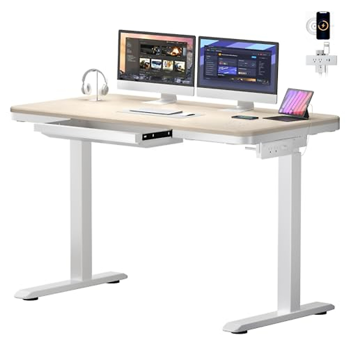 ERGOMORE Standing Desk with Drawer, 45 x 23 Inches Touch Control Adjustable Height Desk with Power Outlet, USB Ports & Wireless Charging, Dual Motor Sit Stand up Desk for Home & Office (Maple)