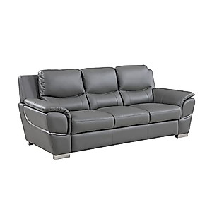 Blackjack Furniture Binion 1 Piece Modern Genuine Leather Sofa for Living Room with Padded Headrest, Wide Arms & Chrome Accents, Elegant Upholstered Couch, Sofa, Gray