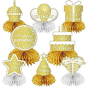 Gold White Happy Birthday Decorations Table Centerpieces for Women Men, 8Pcs White Gold Birthday Honeycomb Centerpieces Party Supplies, 10th 16th 21st 30th 40th 50th 60th Bday Table Toppers Sign Decor
