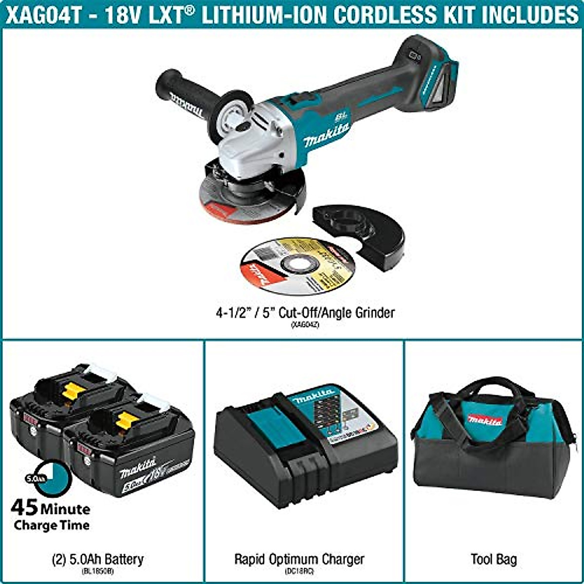 Makita XAG04T 18V LXT BL 4-1/2"/ 5" Cut-Off/Angle Grinder Kit