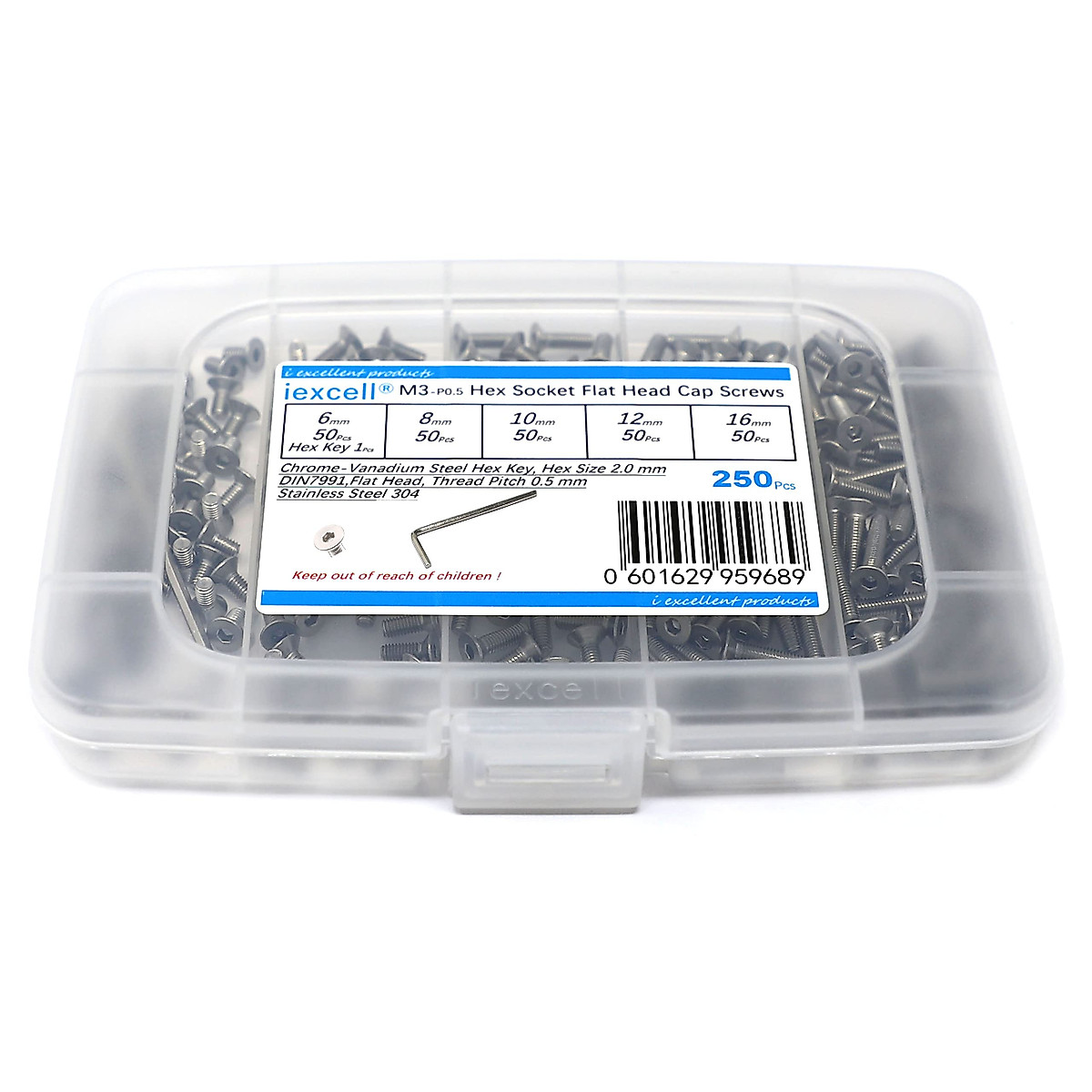 iexcell 250 Pcs M3 x 6/8/10/12/16 Stainless Steel 304 Hex Socket Flat Head Cap Screws Bolts Assortment Kit