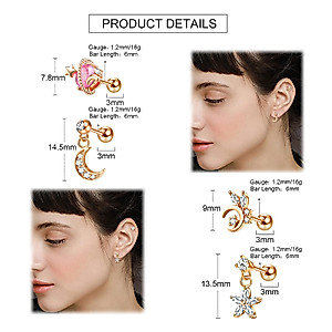JOERICA 9Pcs Cartilage Earrings for Women 16G 316L Stainless Steel Gold Plated CZ Dangle Conch Helix Tragus Cartilage Stud Ear Piercing Jewelry