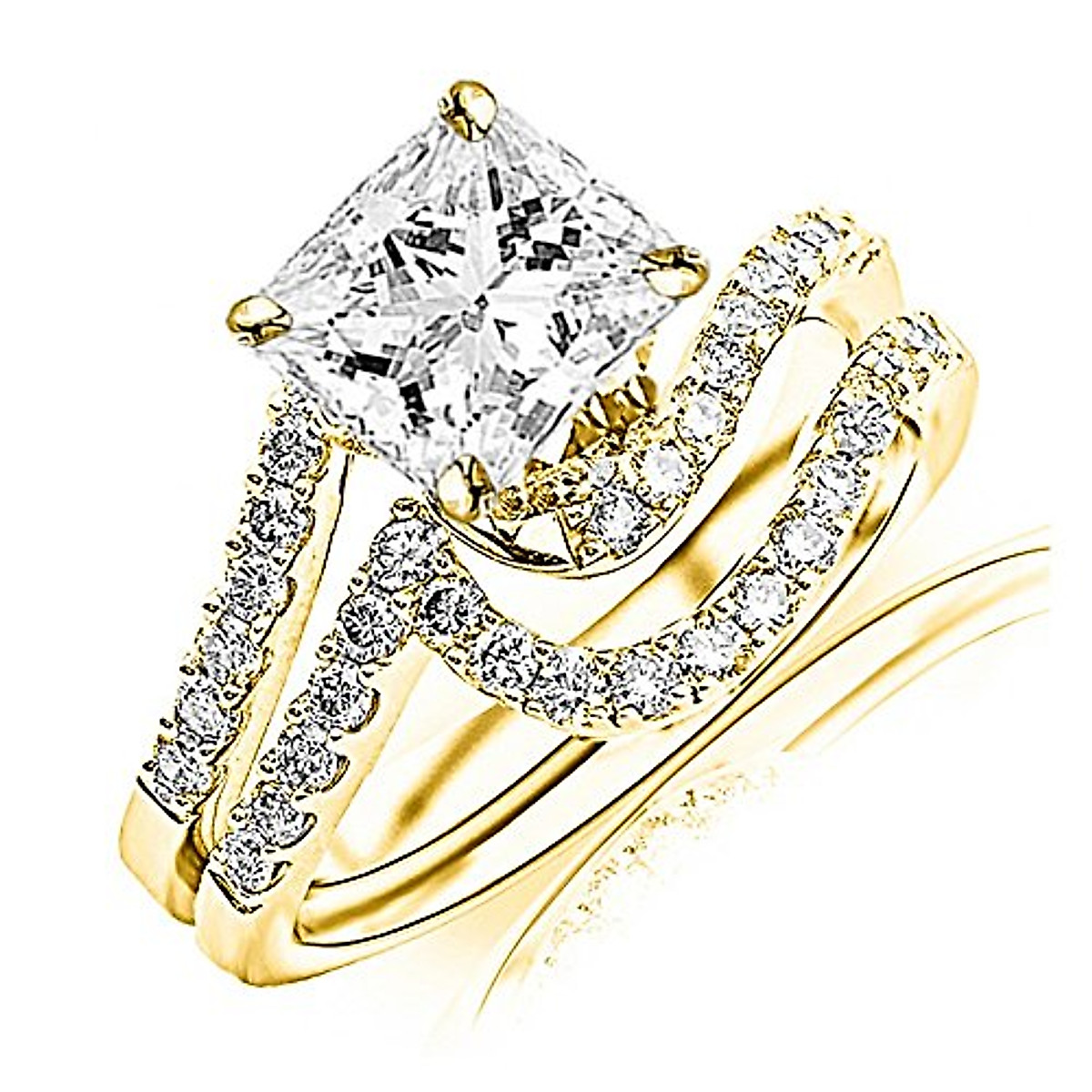 14K Yellow Gold 0.77 CTW Princess Cut Curving Pave & Prong-set Round Diamond Engagement Ring and Wedding Band Set, G-H Color I2 Clarity 0.5 Ct Center