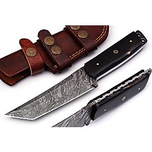 Grace Knives Handmade Damascus Steel Tanto Knife Fixed Blade Hunting Knife 9.5 Inches with Leather Sheath G-2018