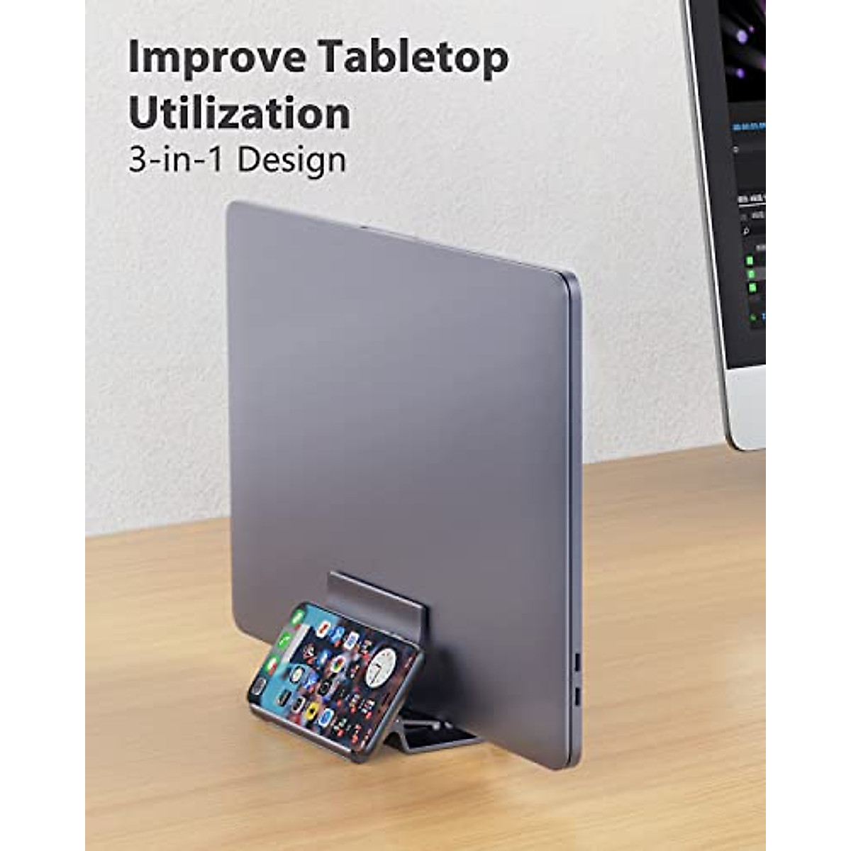 Vertical Laptop Stand, Alloy Laptop Holder Vertical Stand, Aluminum Alloy 3 in 1 Gravity Laptop Dock Stand Auto Locking,Fits MacBook/iPad/Surface/Chromebook/Gaming Laptops(Up to 17") (Space Gray)