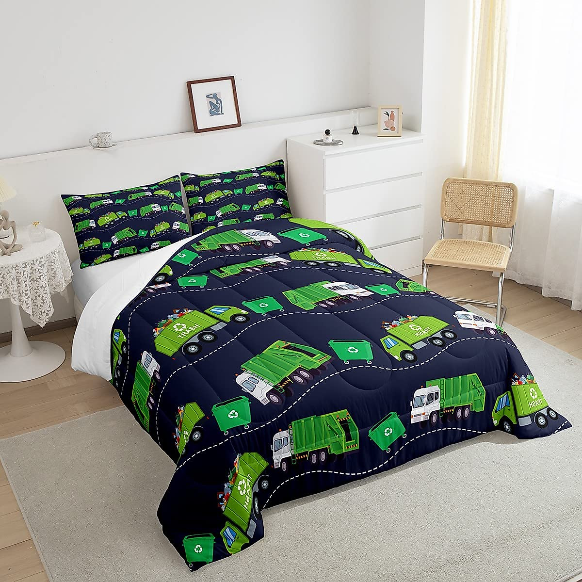 Feelyou Garbage Trucks Comforter Set Queen Size Kids Cartoon Car Comforter for Boys Teens Rubbish Car Bedding Set Vehicles Blue Green Duvet Set Room Decor Quilt Boys