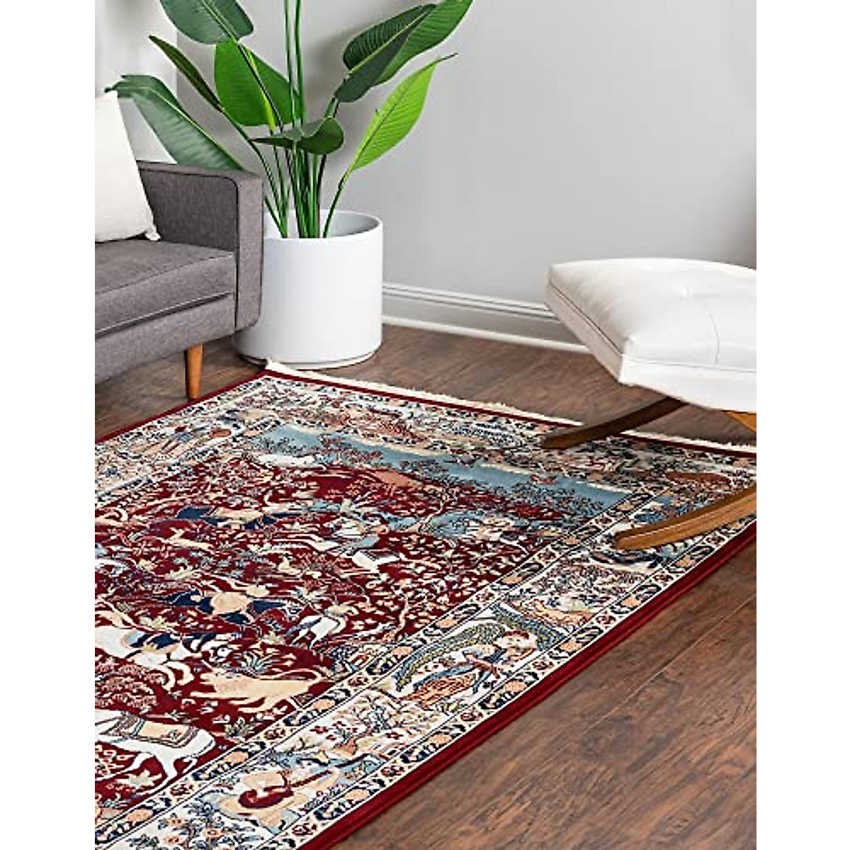 Unique Loom Narenj Collection Classic Traditional Hunting Scene Textured Design Area Rug, Rectangular 5' 0" x 8' 0", Burgundy/Tan