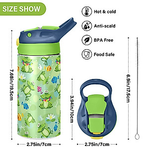 ALAZA Cute Cartoon Lotus Pond Frog Kids Water Bottles with Lids Straw Insulated Stainless Steel Water Bottles Double Walled Leakproof Tumbler Travel Cup for Girls Boys Toddlers 12 oz / 350 ml,Green